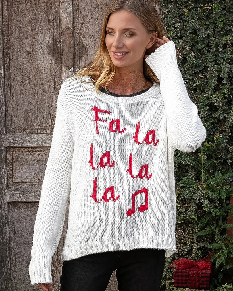 SALE - Fa La La Crew Chunky Sweater - Pure Snow Red Ginger | Wooden Ships
