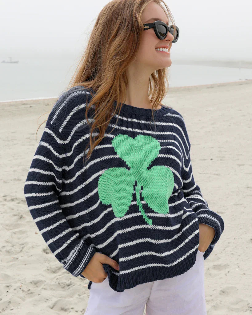 Shamrock Striped Crew Cotton Sweater - Darkest Indigo White Verdigris ...